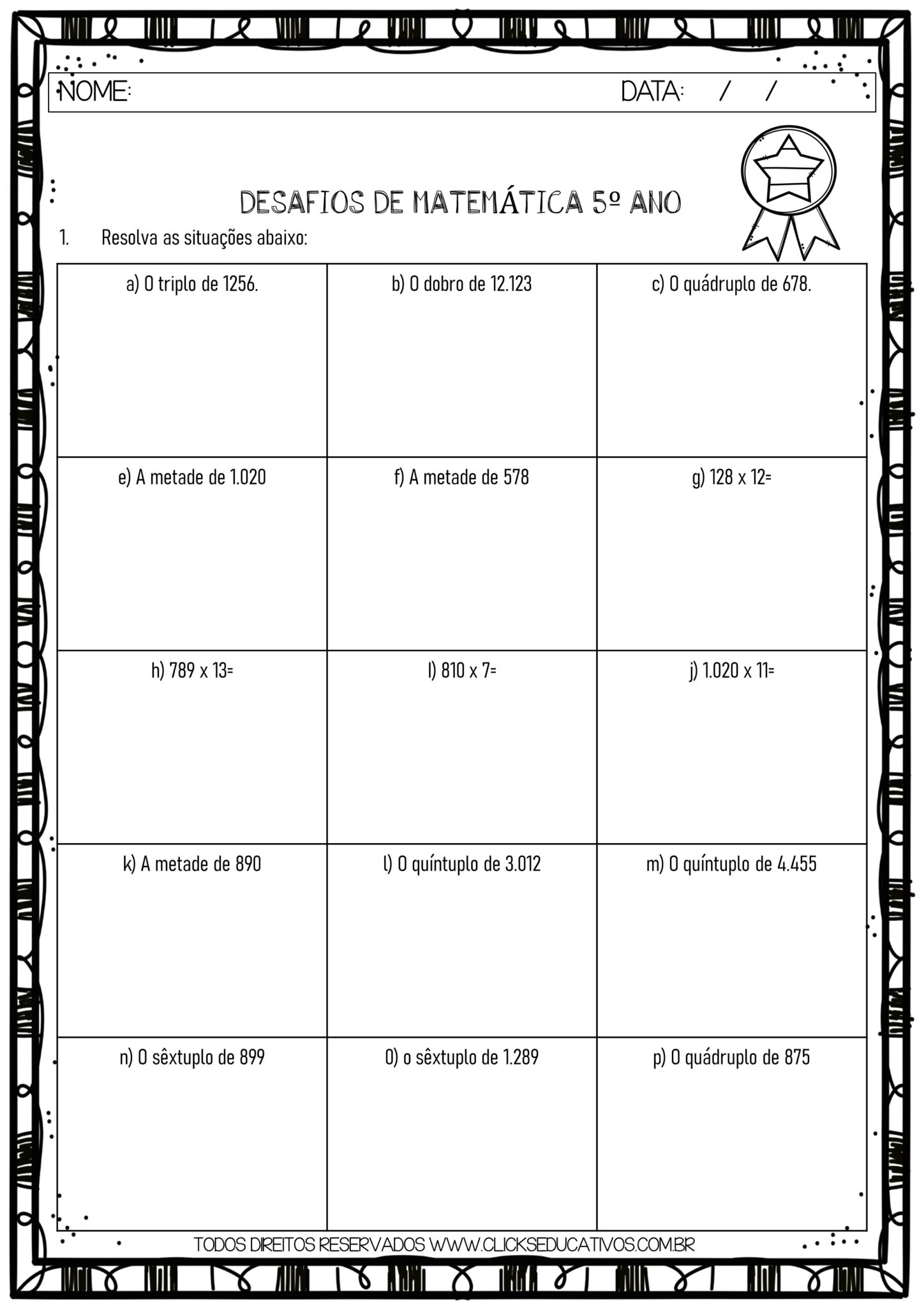 Cálculos Matemáticos 5 Ano _ Matemática EF: 5º Ano – XEER